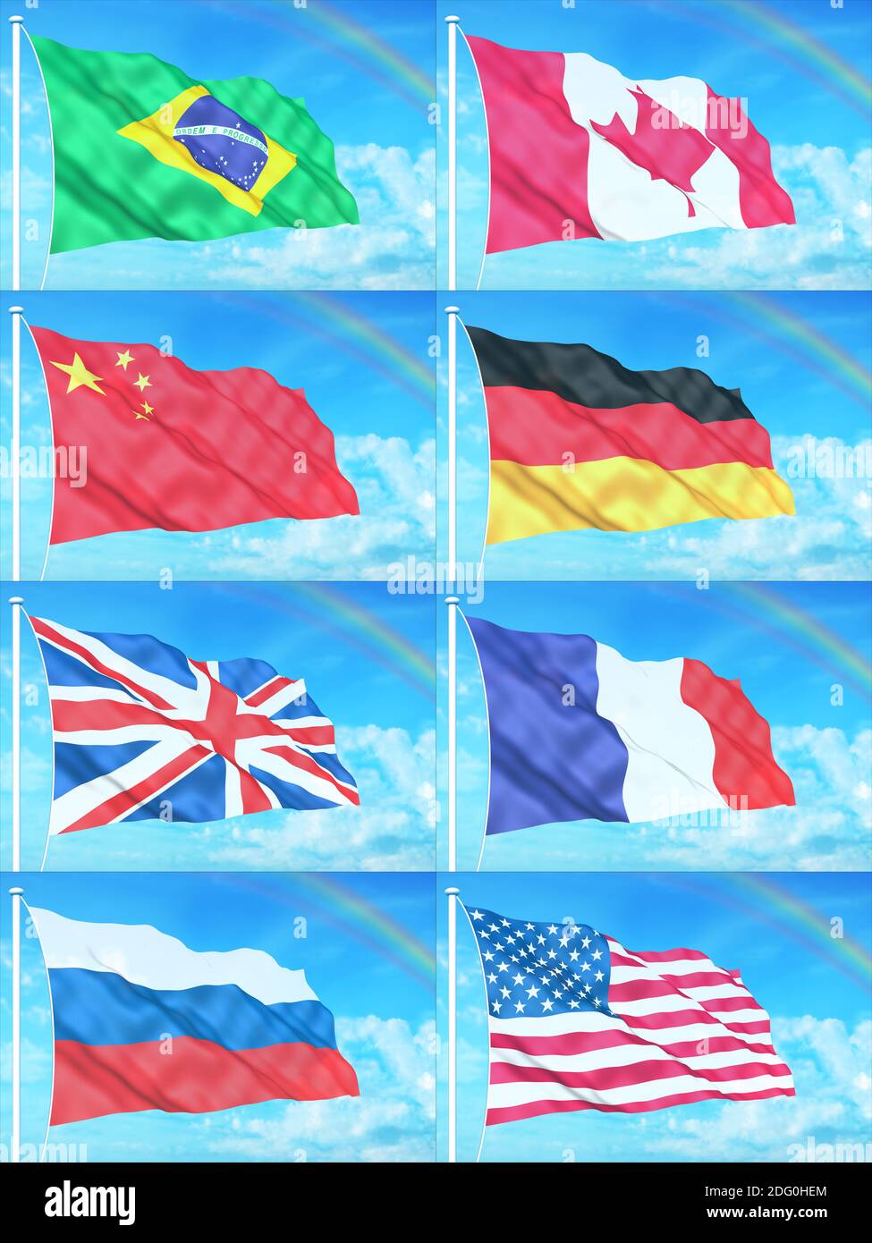 8 countries flags on sky background Stock Photo - Alamy