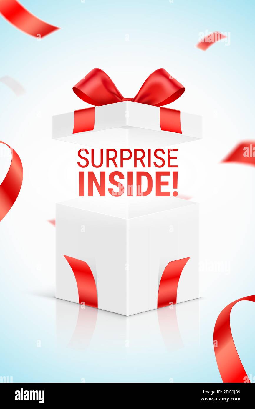Opened white gift box, with Surprise Inside message. Exploded realistic ...
