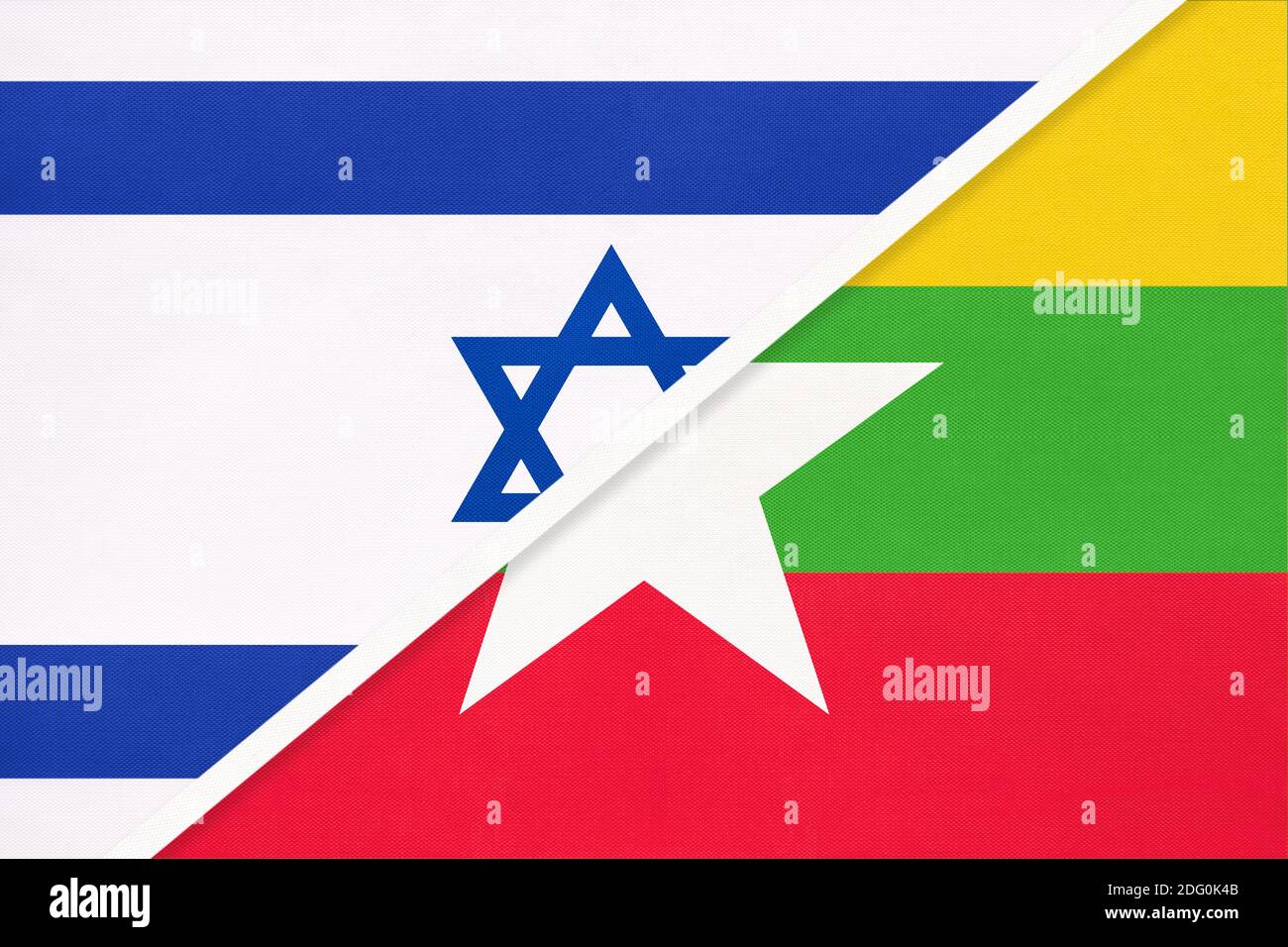 Israel and Myanmar or Burma, national flags from textile. Relationship ...