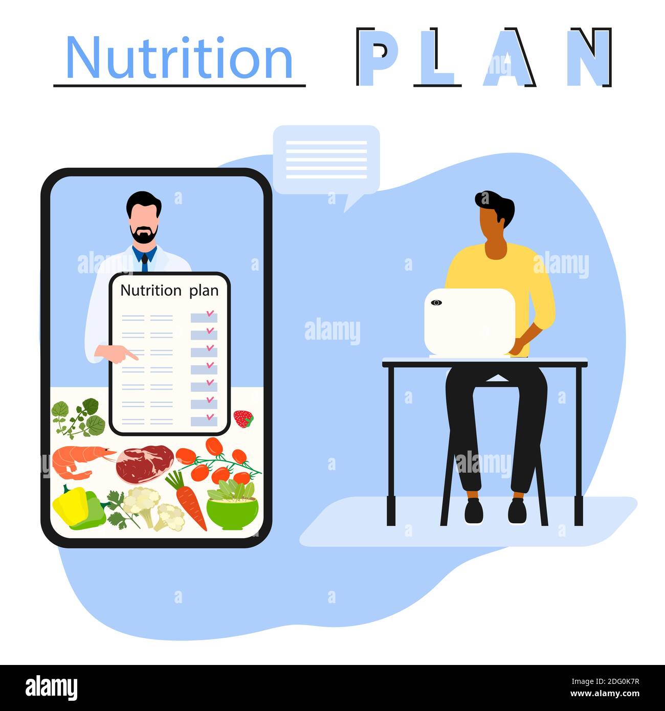 Vector illustration Nutrition Consultant Online explains diet to human ...