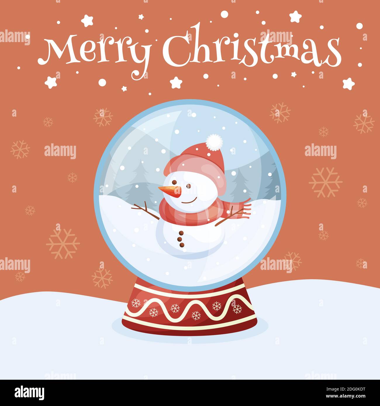 Merry Christmas greeting card with snow globe. vector illustration ...