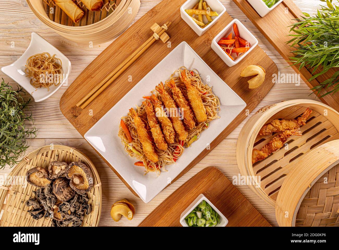 Tasty shrimp in tempura with pasta, top view shot Stock Photo - Alamy