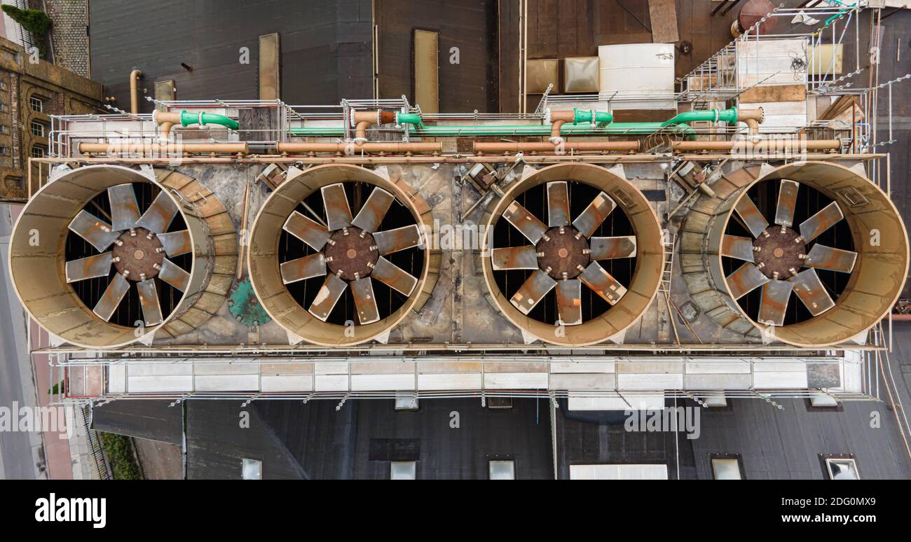 Top down view on steel chimneys of a large power plant Stock Photo - Alamy