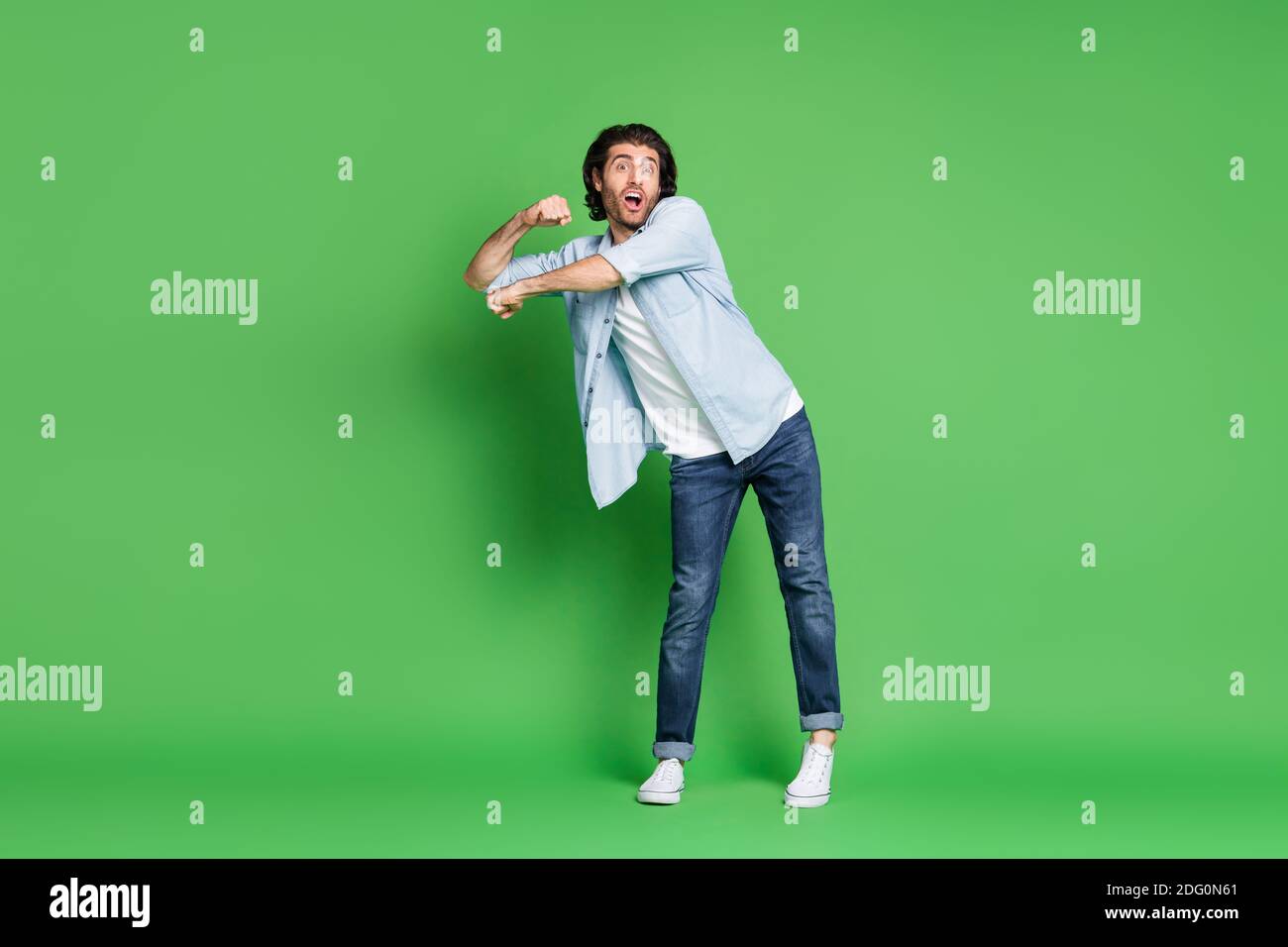 Full length photo of young bristled guy dance arms open mouth wear ...
