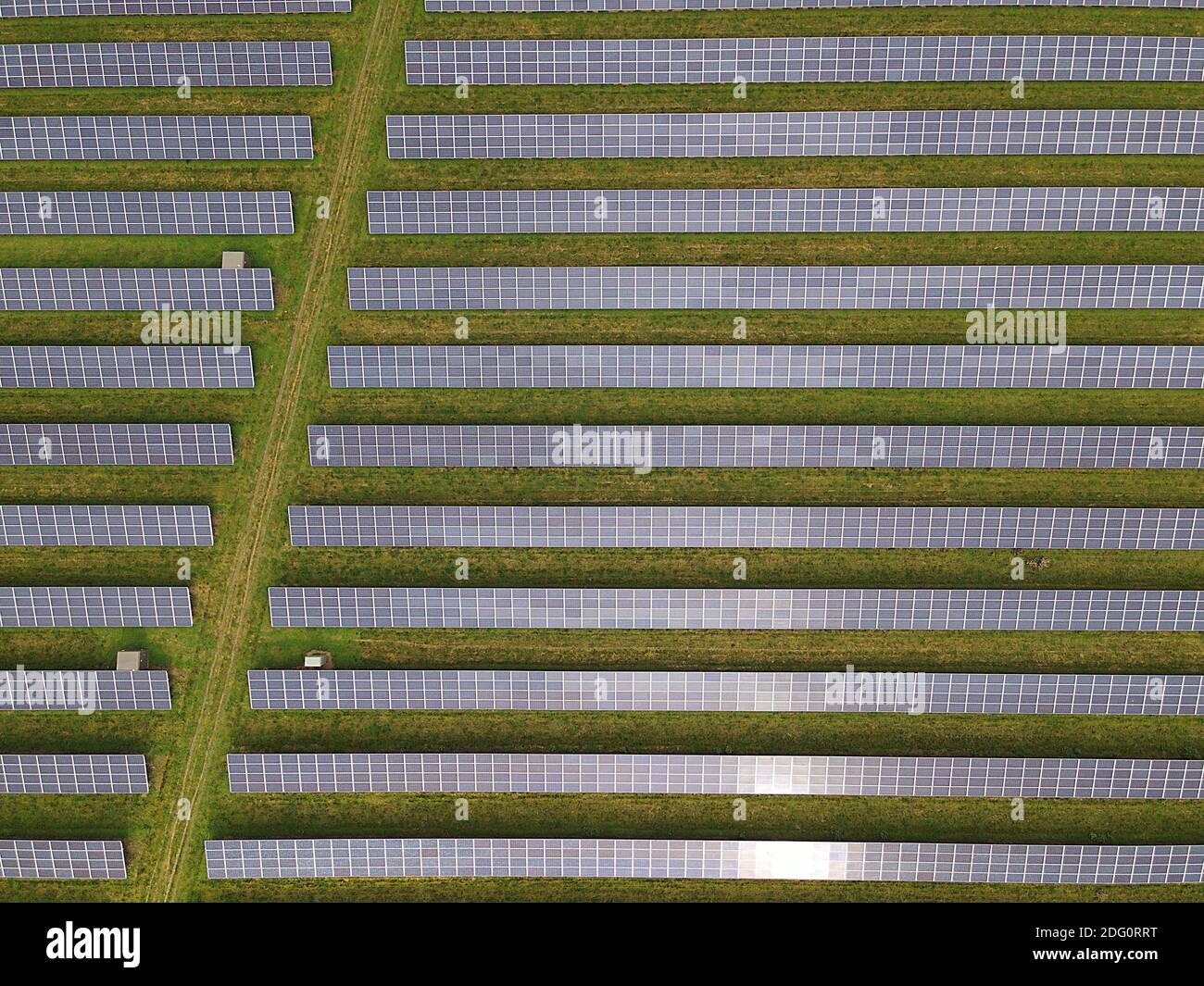 Solar power farm with long rows of modern solar panels on a grass field ...