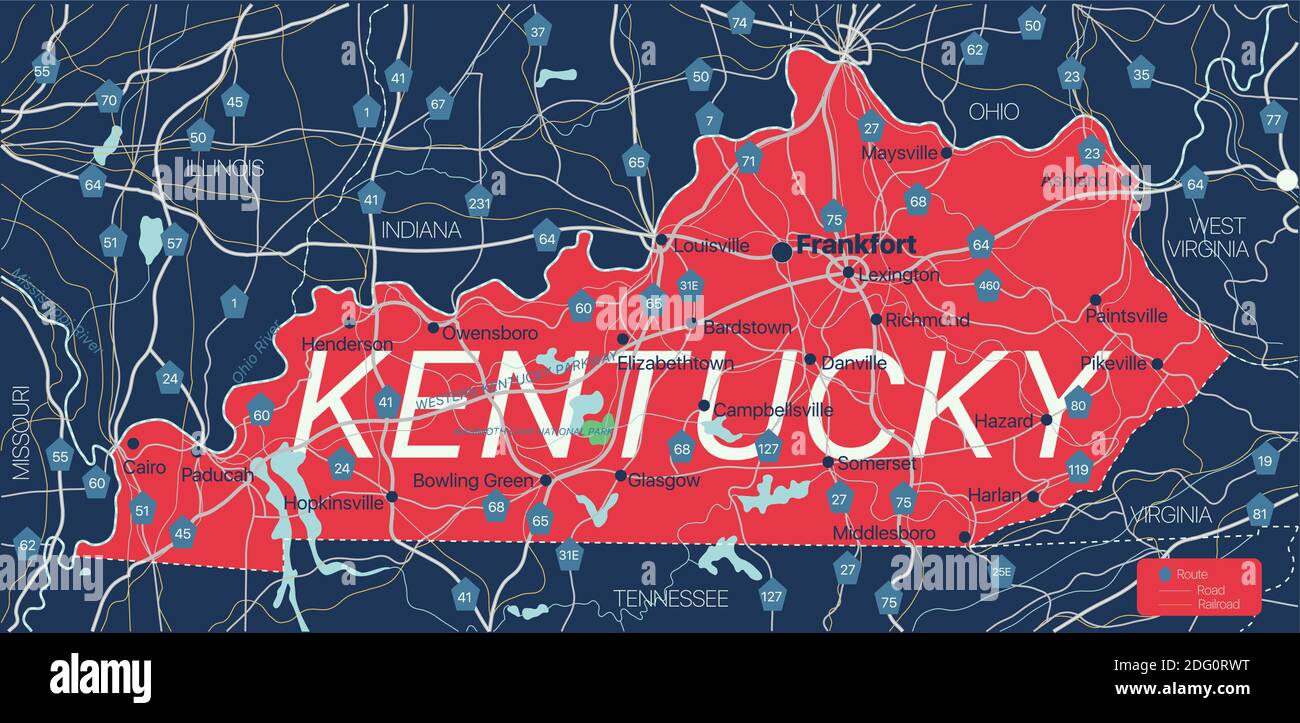 Kentucky state detailed editable map with cities and towns, geographic ...
