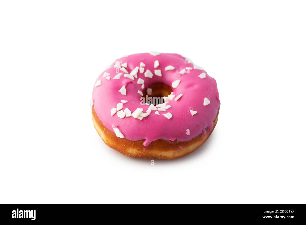 Donut pink strawberry glaze isolated on white background. Side view ...