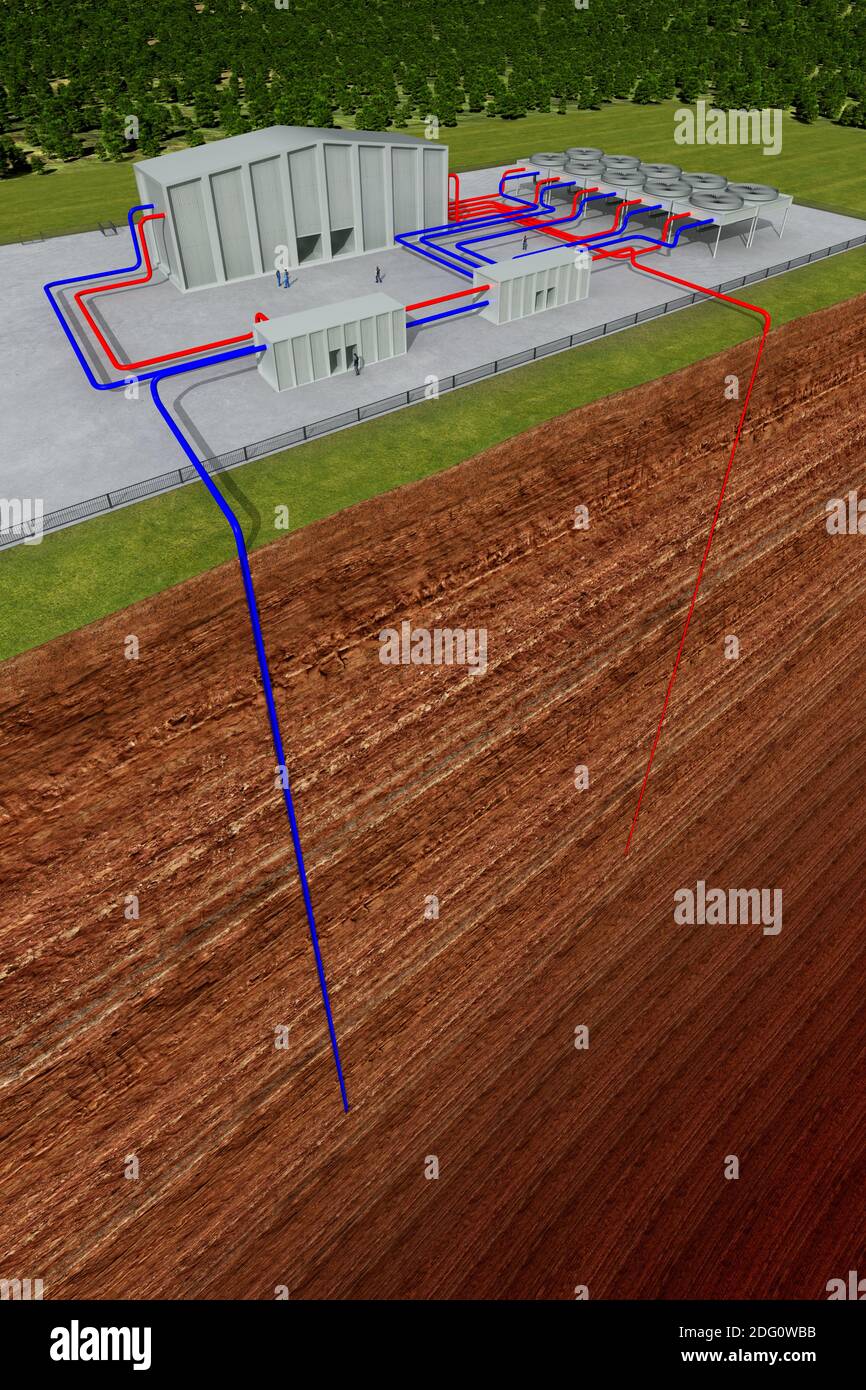 Geothermal plant with section through the earth and deep drilling ...