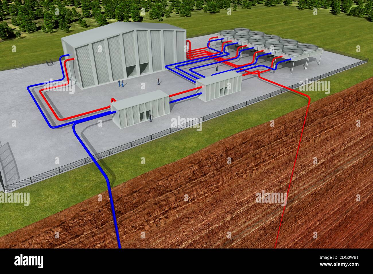 Geothermal plant with section through the earth and deep drilling ...