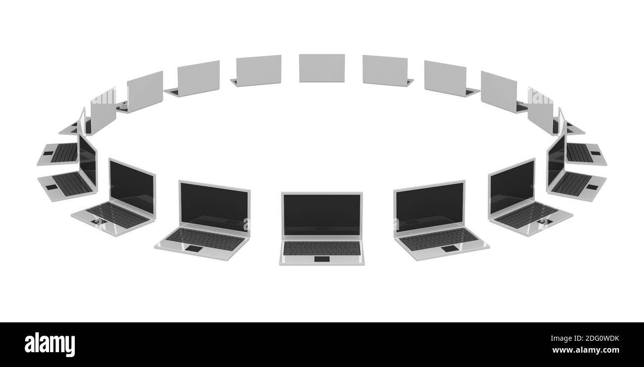 Many laptops in a circle isolated on white Stock Photo - Alamy