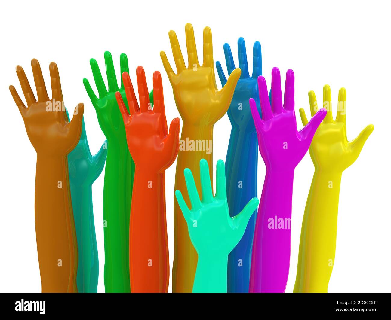 Voting concept Colorful hands isolated on white Stock Photo - Alamy