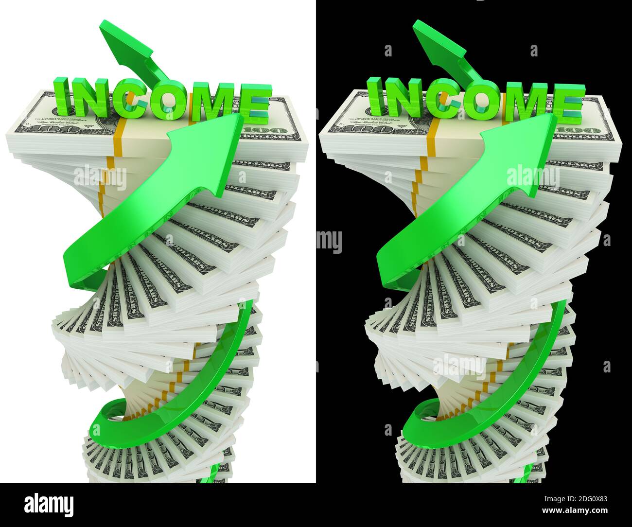 Income growth concept. Spiral dollar stack with arrows isolated on ...