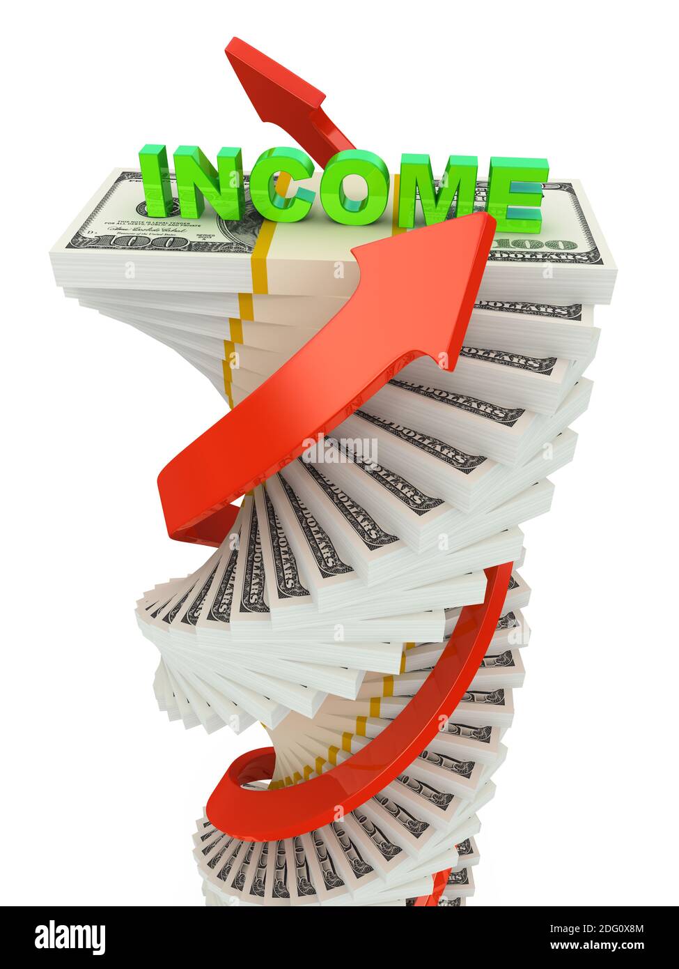 Income growth concept. Spiral dollar stack with arrows isolated on ...