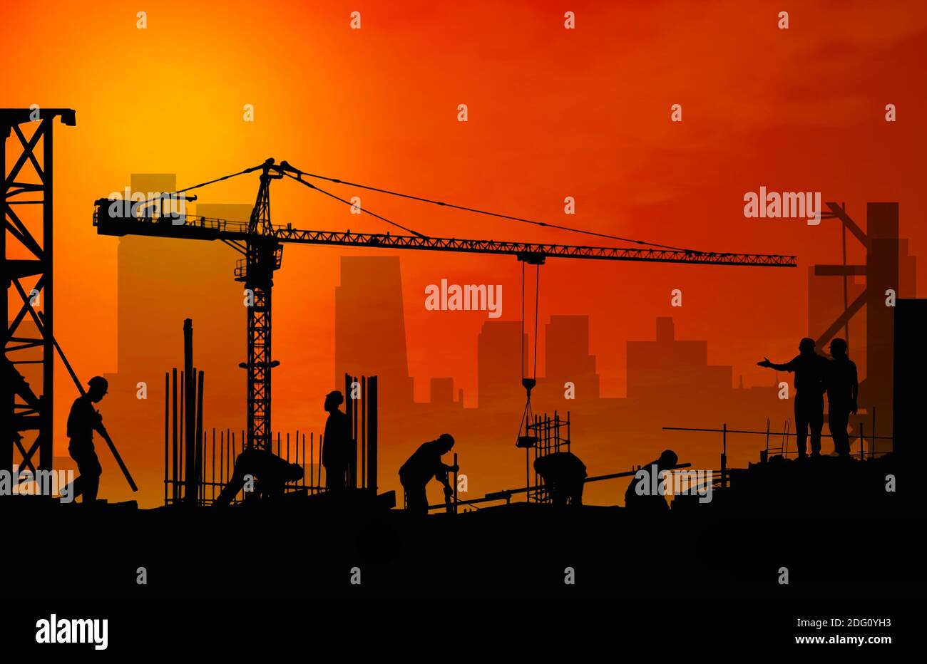 Construction site at sunset. Workers while they are working Stock Photo ...
