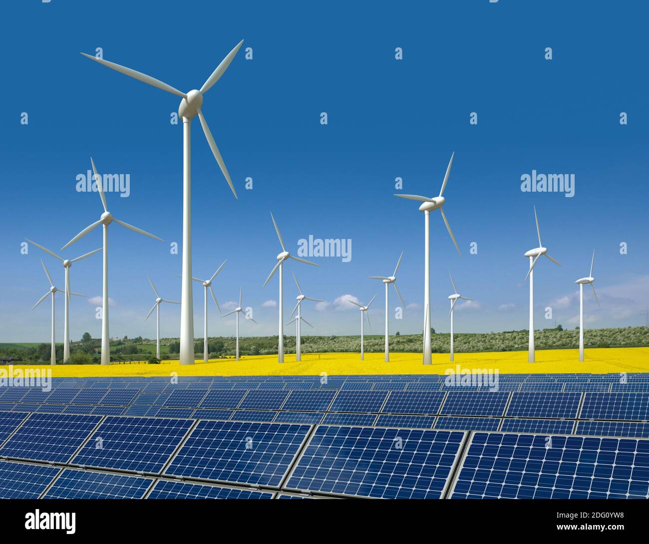 Wind turbines and solar modules in a rape field Stock Photo - Alamy