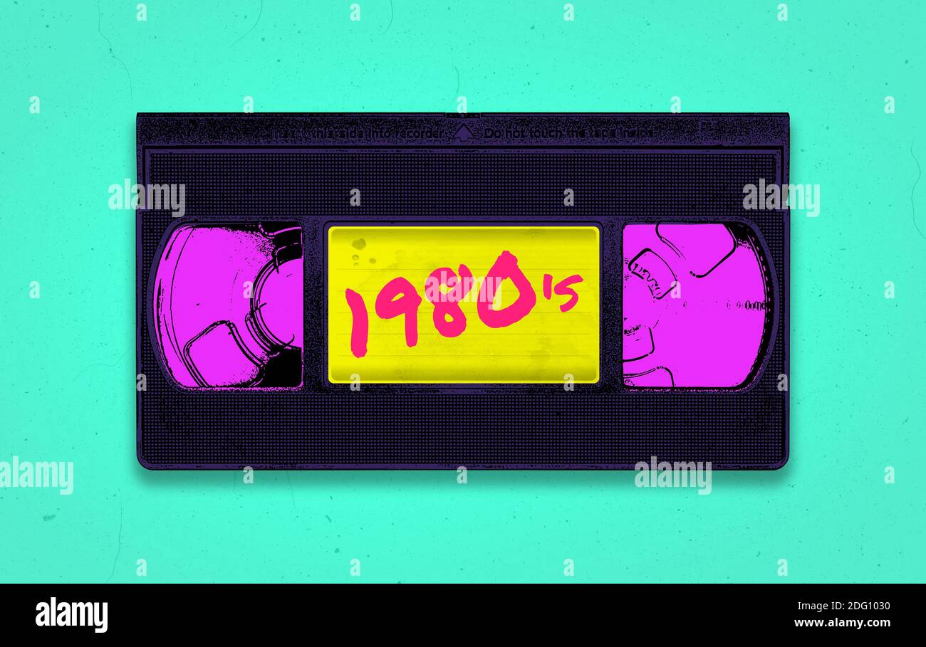 A vibrant and colorful retro synthwave 1980's themed old black VHS ...