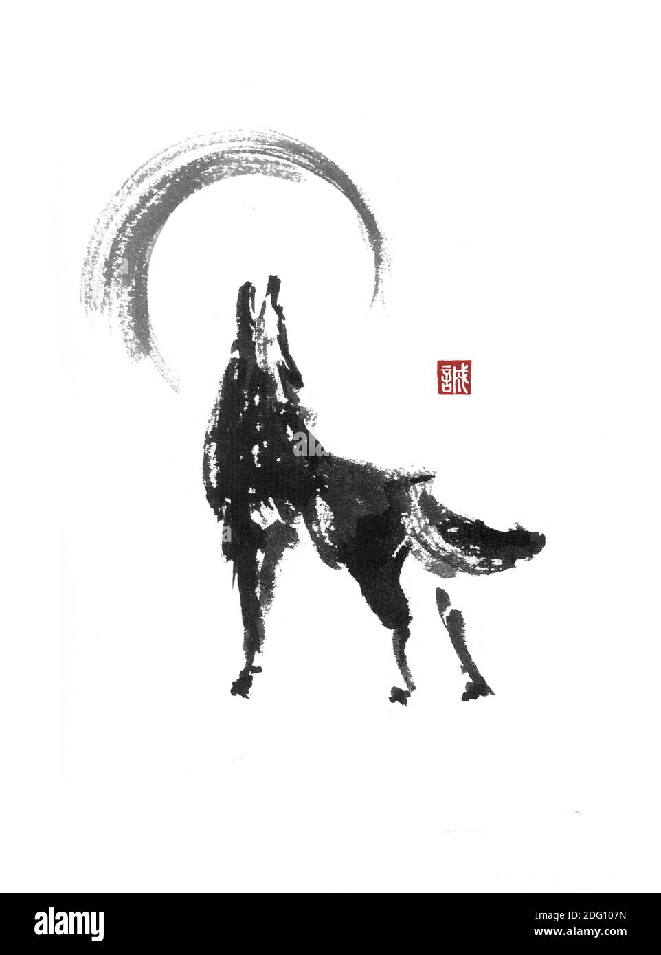 Howling wolf Japanese style original sumi-e ink painting Stock Photo ...