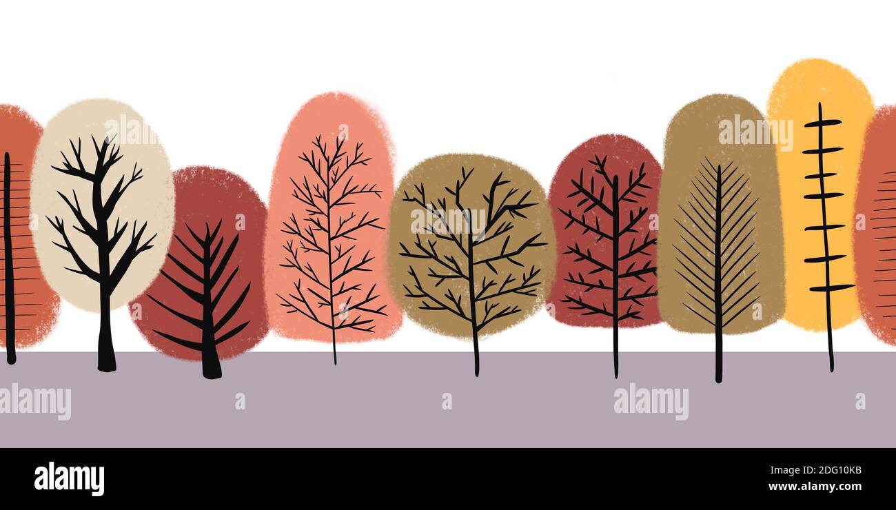 Autumn trees seamless border. Fall leaves and trees, repeating pattern ...