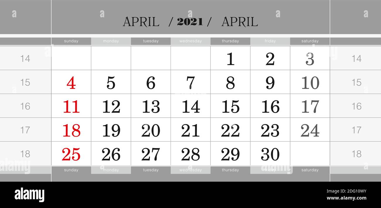April 2021 quarterly calendar block. Wall calendar in English, week ...