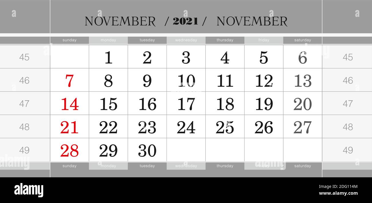 November 2021 quarterly calendar block. Wall calendar in English, week ...