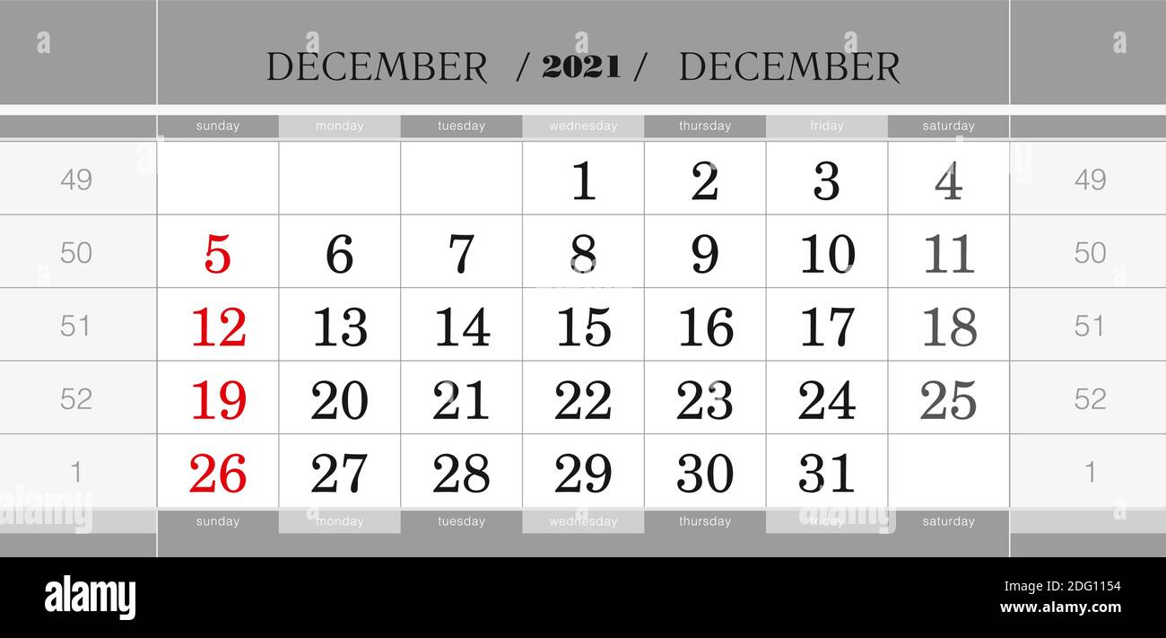 December 2021 quarterly calendar block. Wall calendar in English, week ...