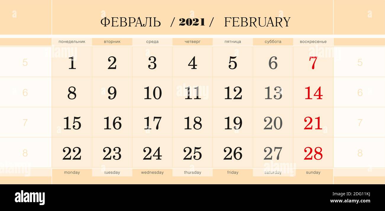 Calendar quarterly block for 2021 year, February 2021. Wall calendar ...