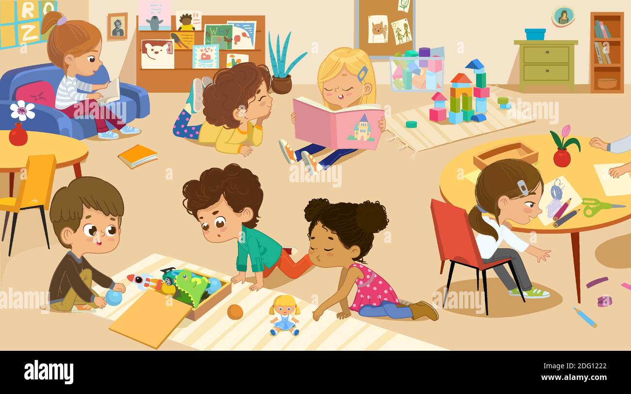 Happy creative kids play with educational toys, painting, cutting paper ...