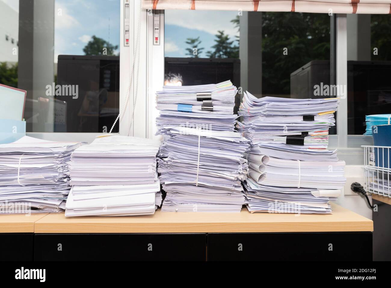 Close up of business documents stack on desk , report papers stack ...
