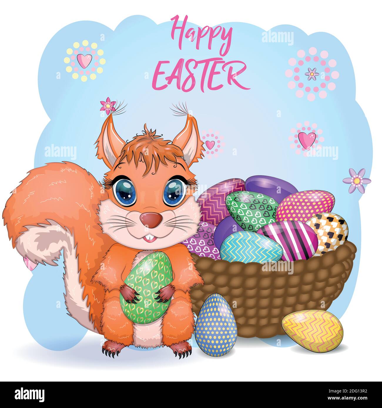 Cute cartoon squirrel with beautiful eyes holds an Easter egg, card for ...