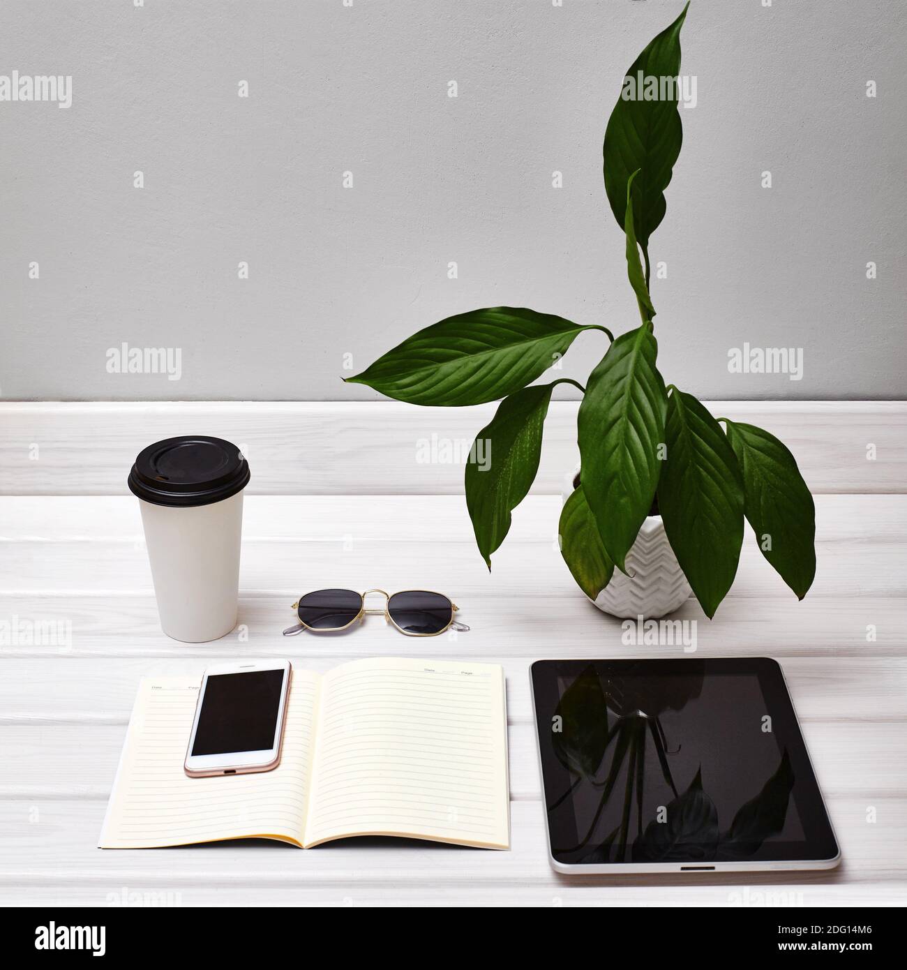 Perfect Minimal Work Desk with Tablet, Smartphone, Note and Coffee ...