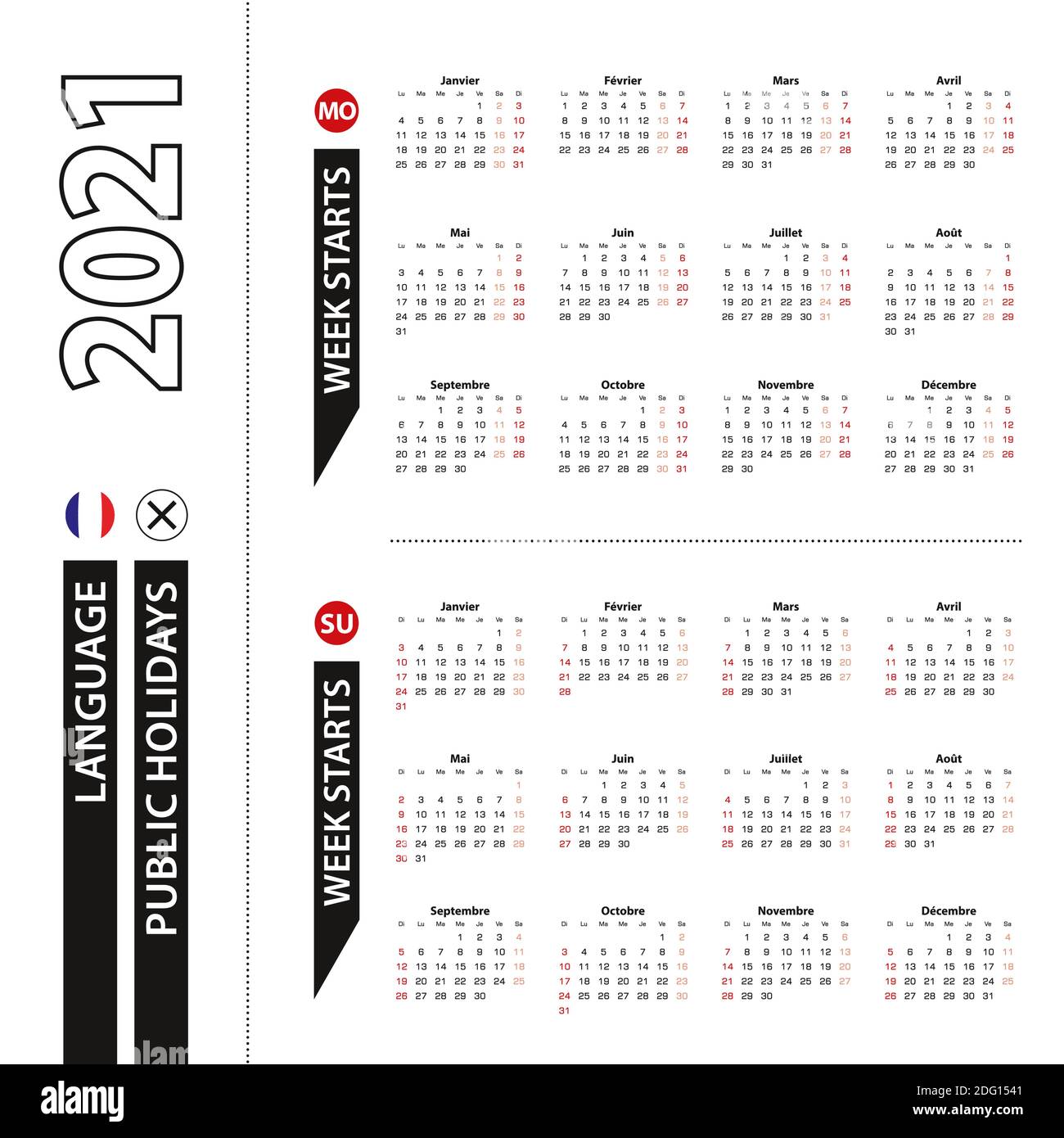 Two versions of 2021 calendar in French, week starts from Monday and ...