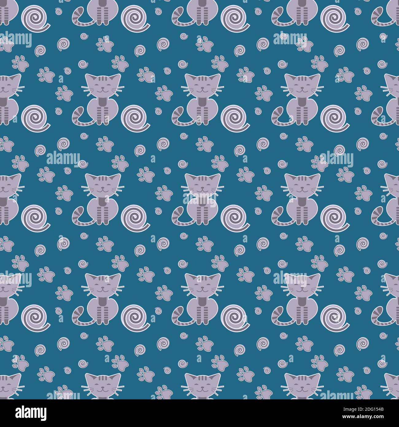 Cute kitty with yarn ball and footprints on dark blue background Stock ...