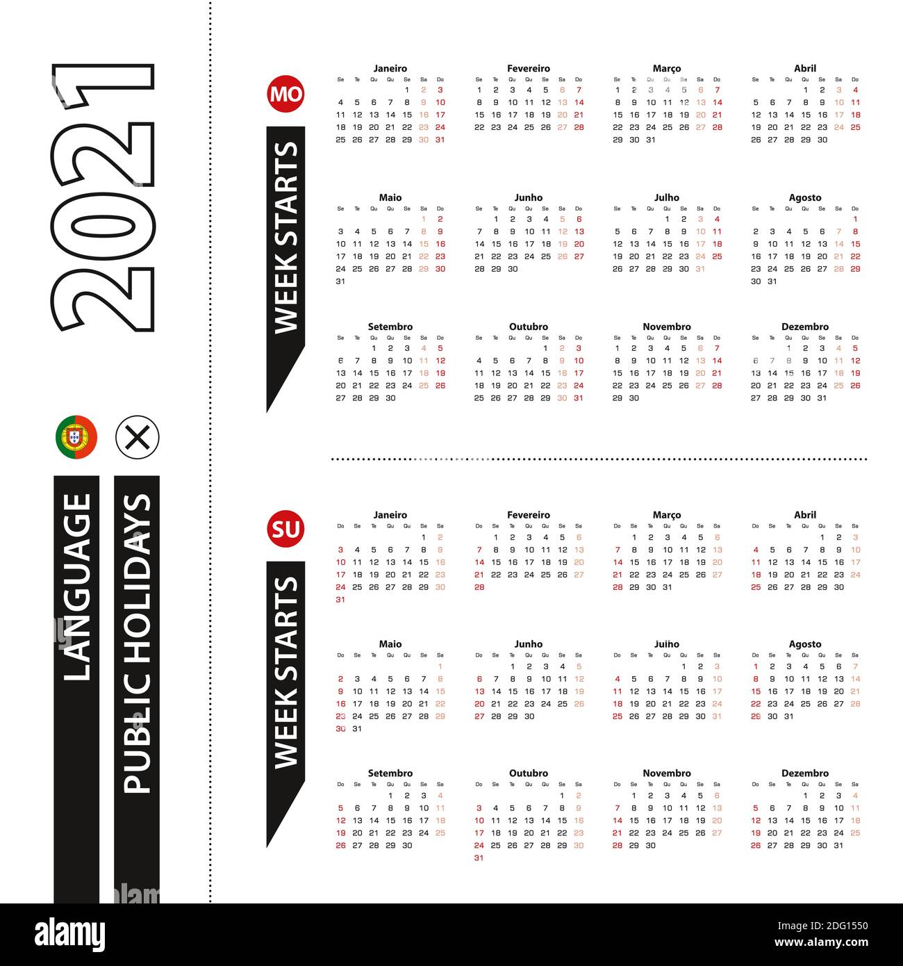 Two versions of 2021 calendar in Portuguese, week starts from Monday ...