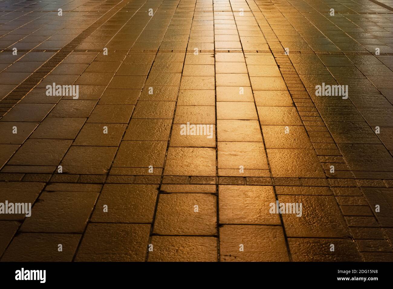 At night, wet asphalt road tiles, reflection from street lamps. Natural ...