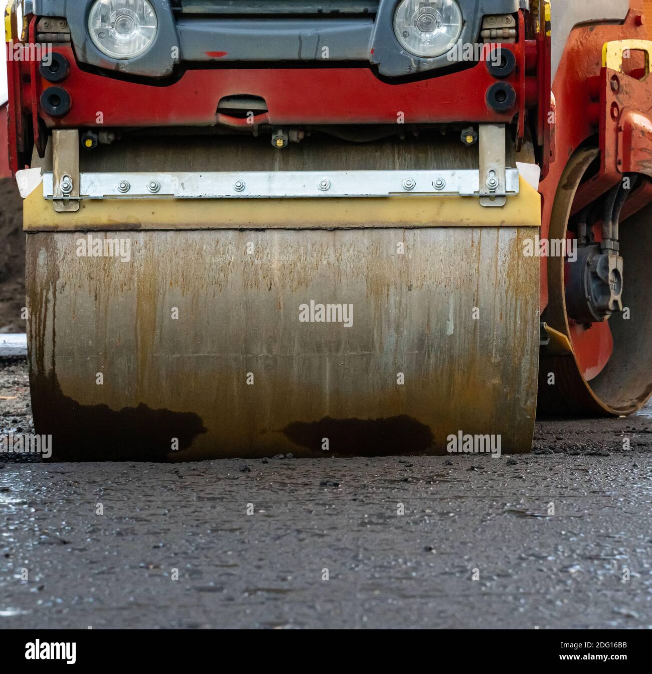 Large steamroller machine for paving roads. Close up of the drum Stock ...