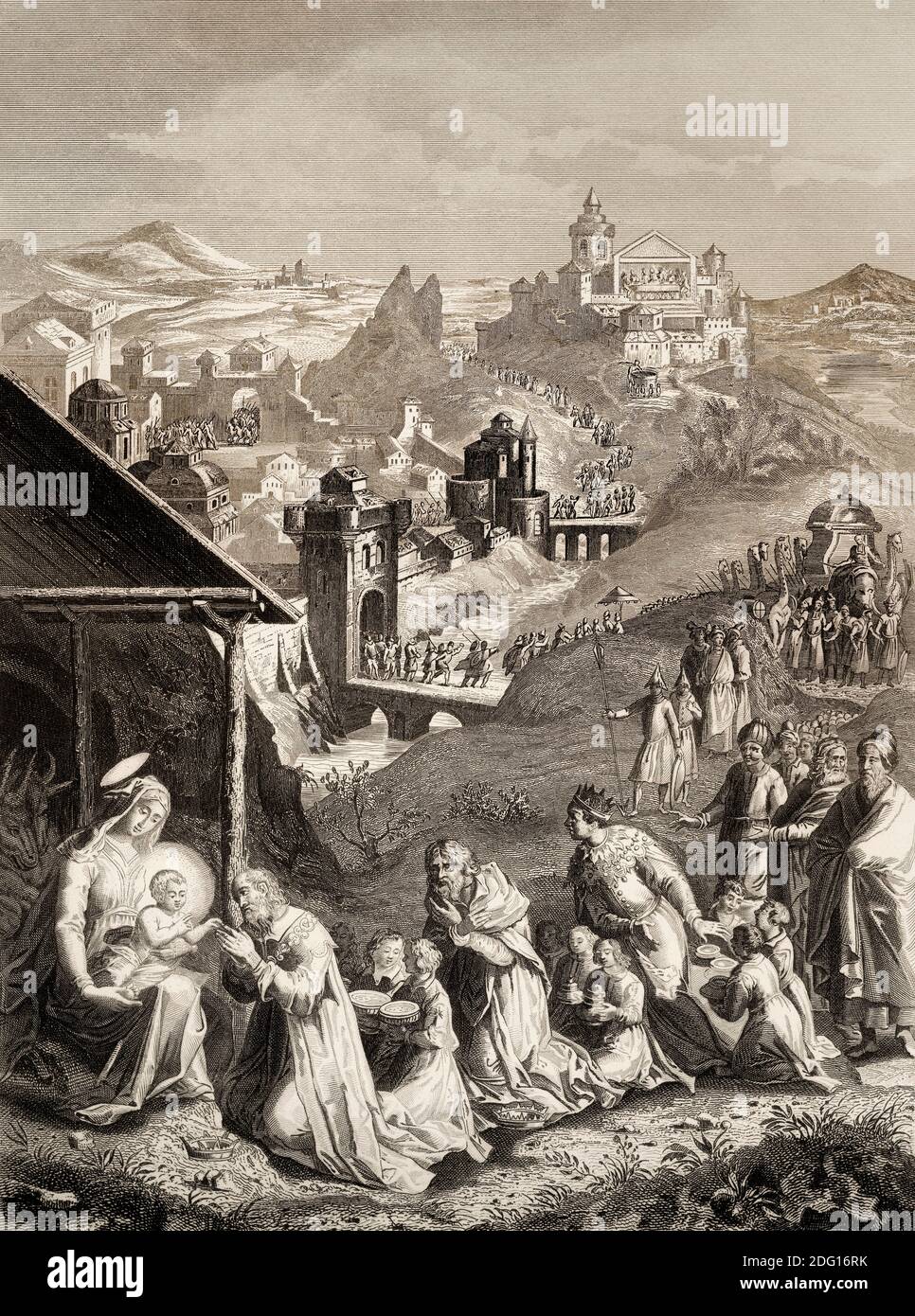 The epiphany of Jesus, Arrival of the Magi, steel engraving, 1853 ...