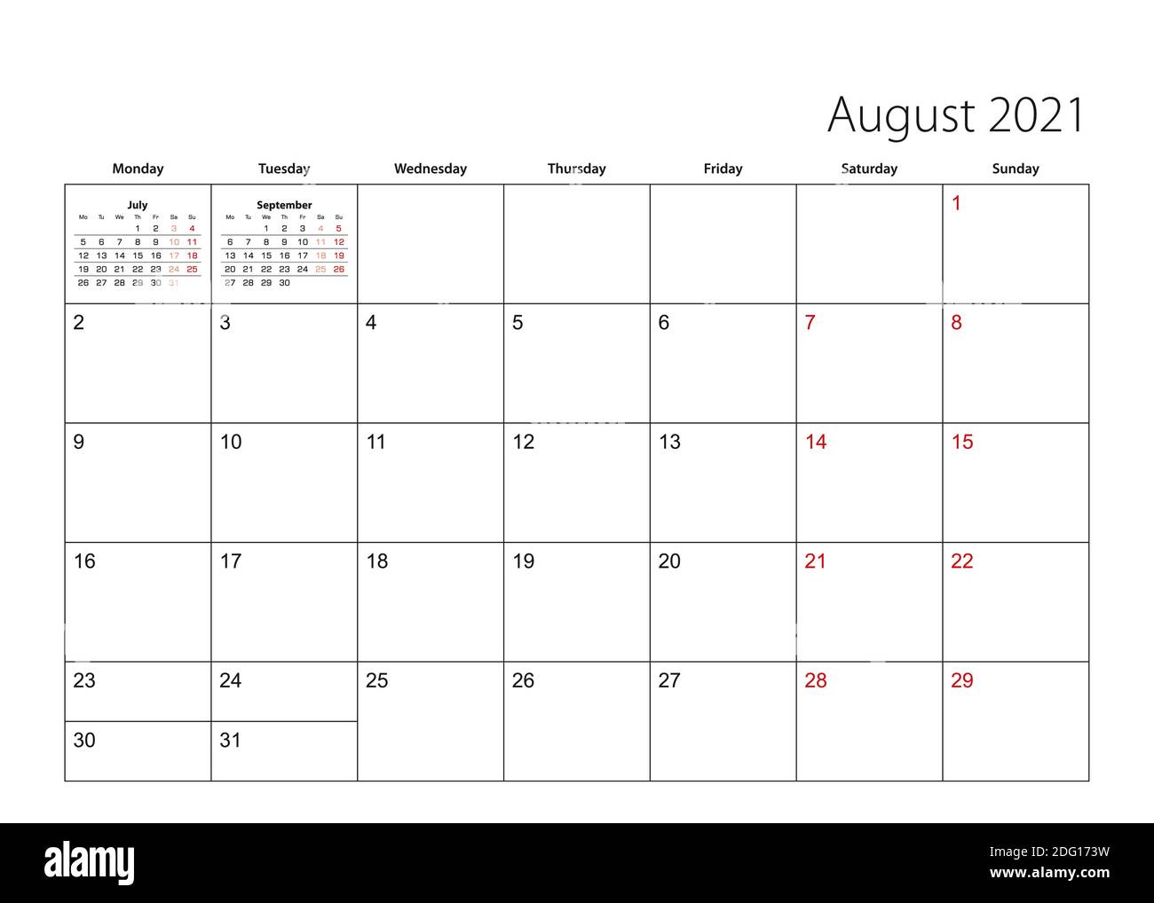 August 2021 simple calendar planner, week starts from Monday. Vector ...