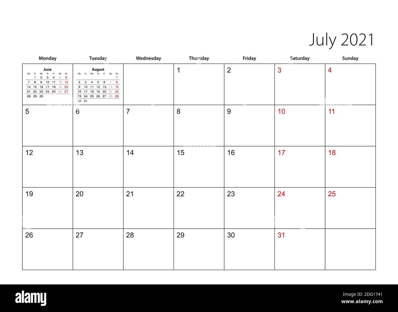 July 2021 simple calendar planner, week starts from Monday. Vector ...