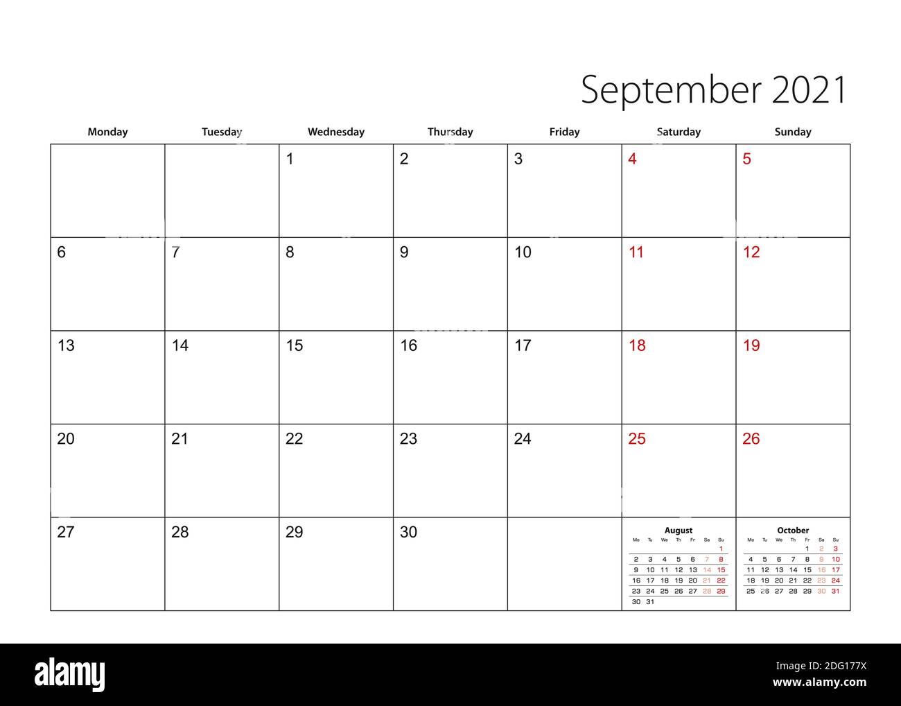 September 2021 simple calendar planner, week starts from Monday. Vector ...