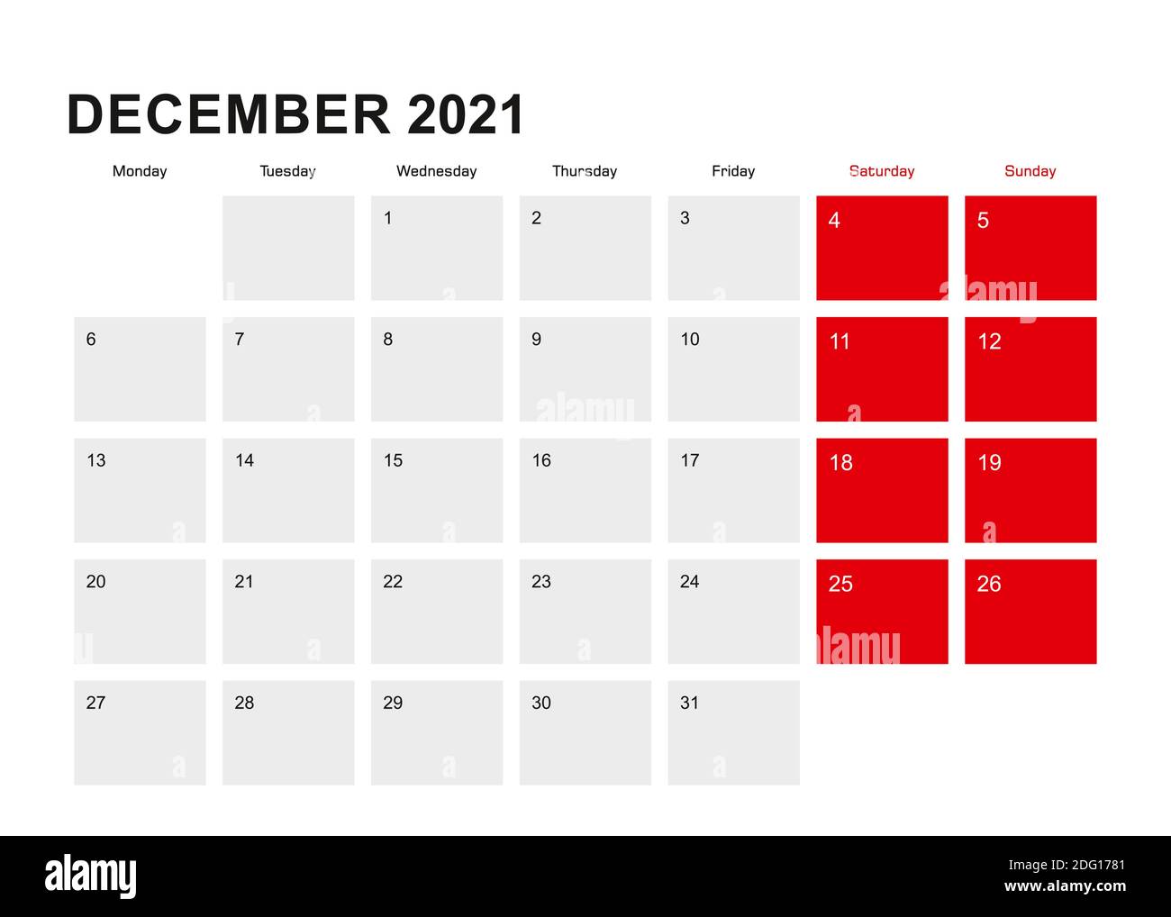 2021 December planner calendar design. Week starts from Monday. Vector ...