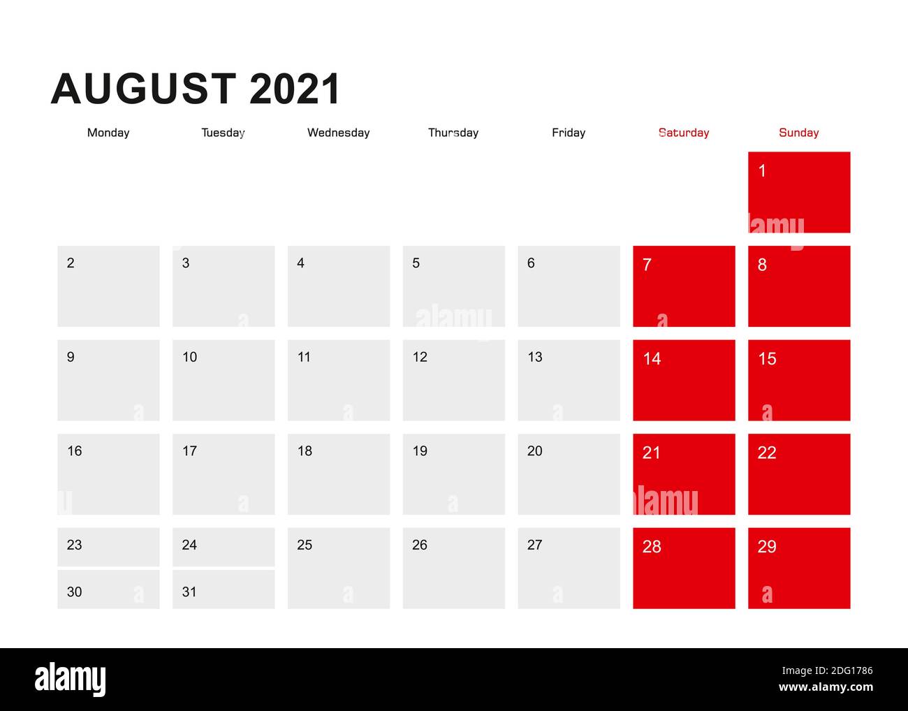 2021 August planner calendar design. Week starts from Monday. Vector ...