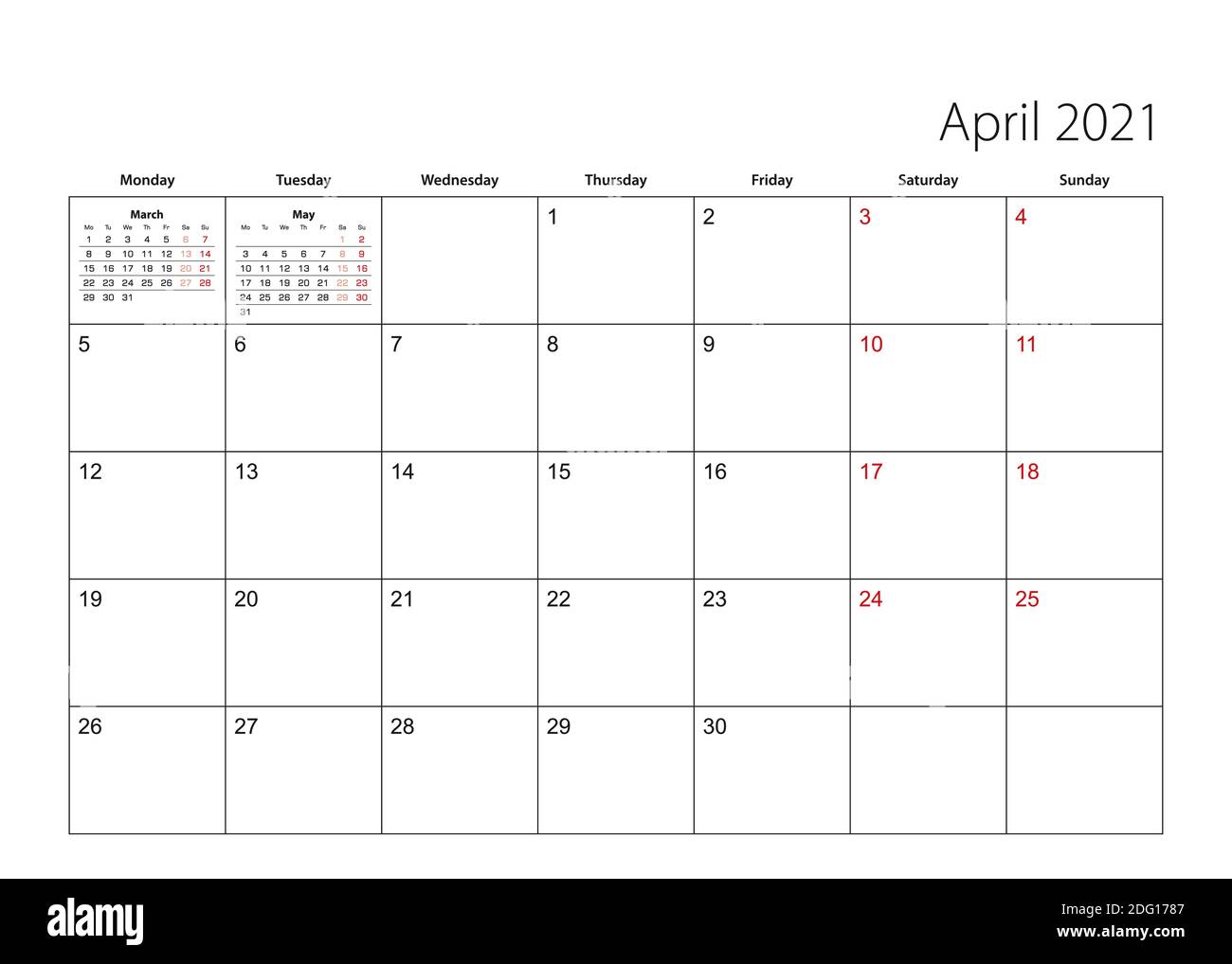 April 2021 simple calendar planner, week starts from Monday. Vector ...