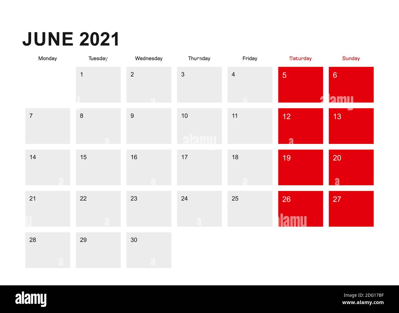 2021 June planner calendar design. Week starts from Monday. Vector ...