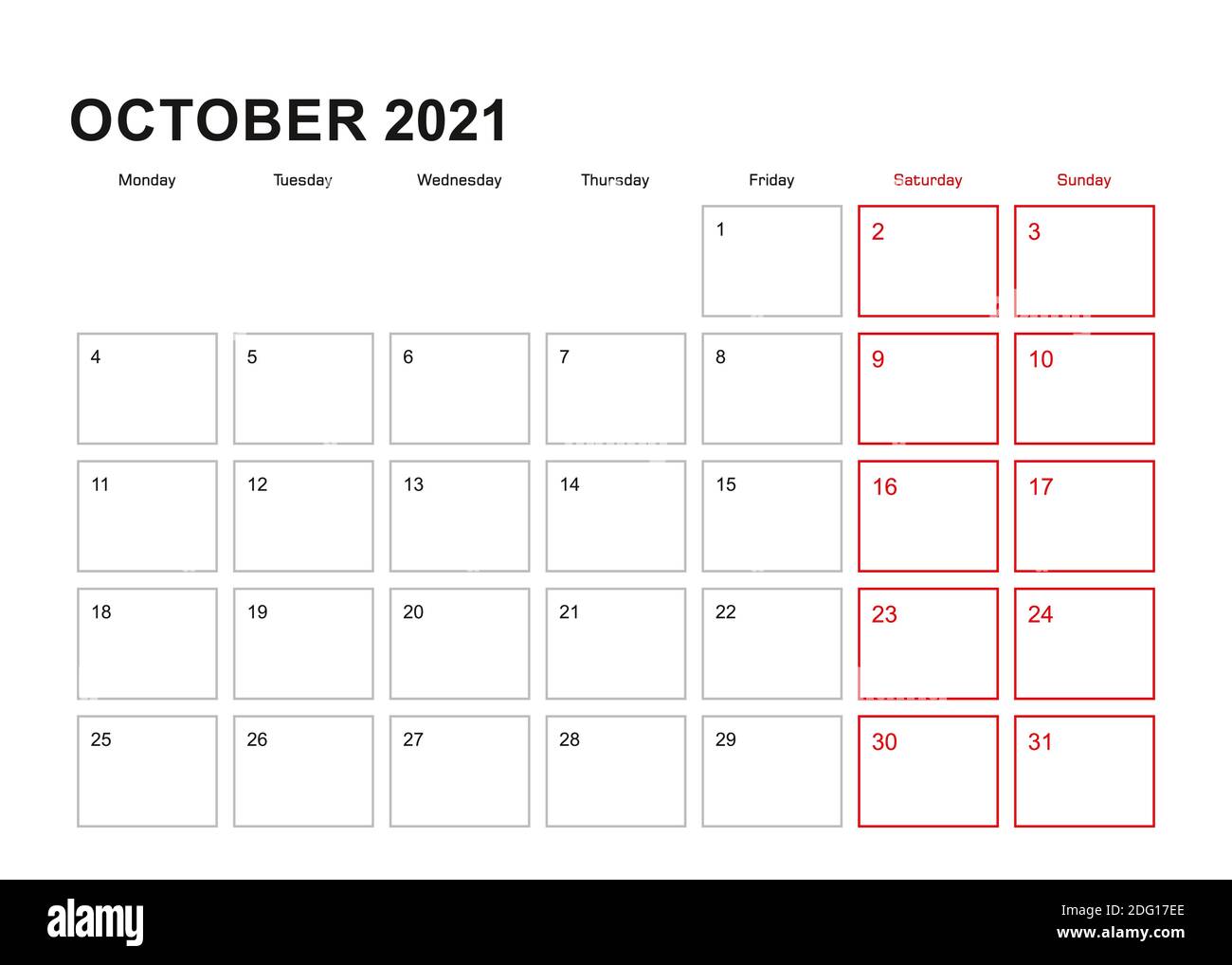Wall planner for October 2021 in English language, week starts in ...