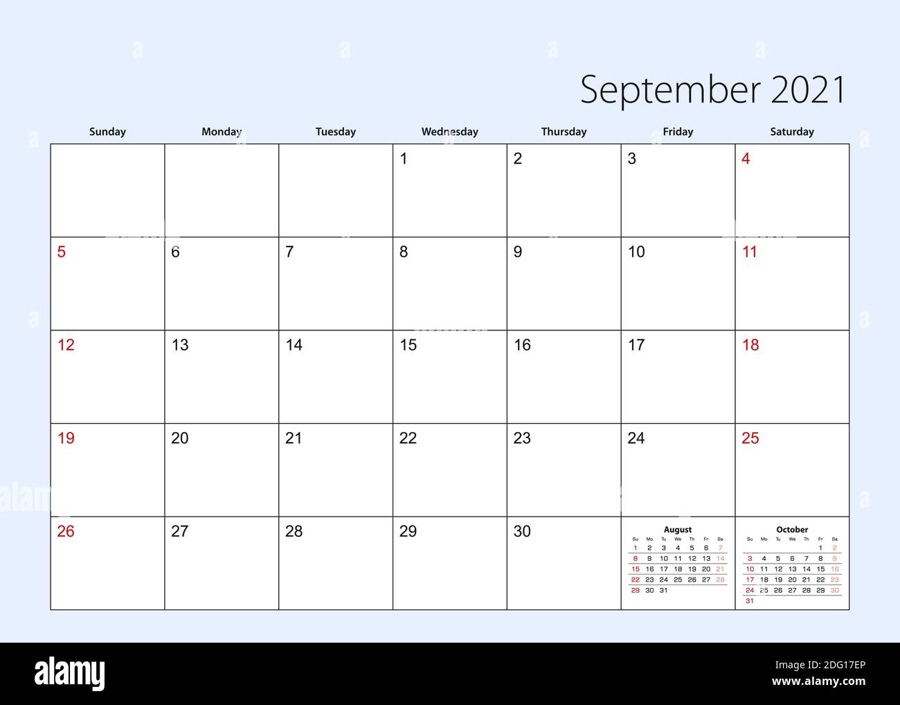 Wall calendar planner for September 2021. English language, week starts ...