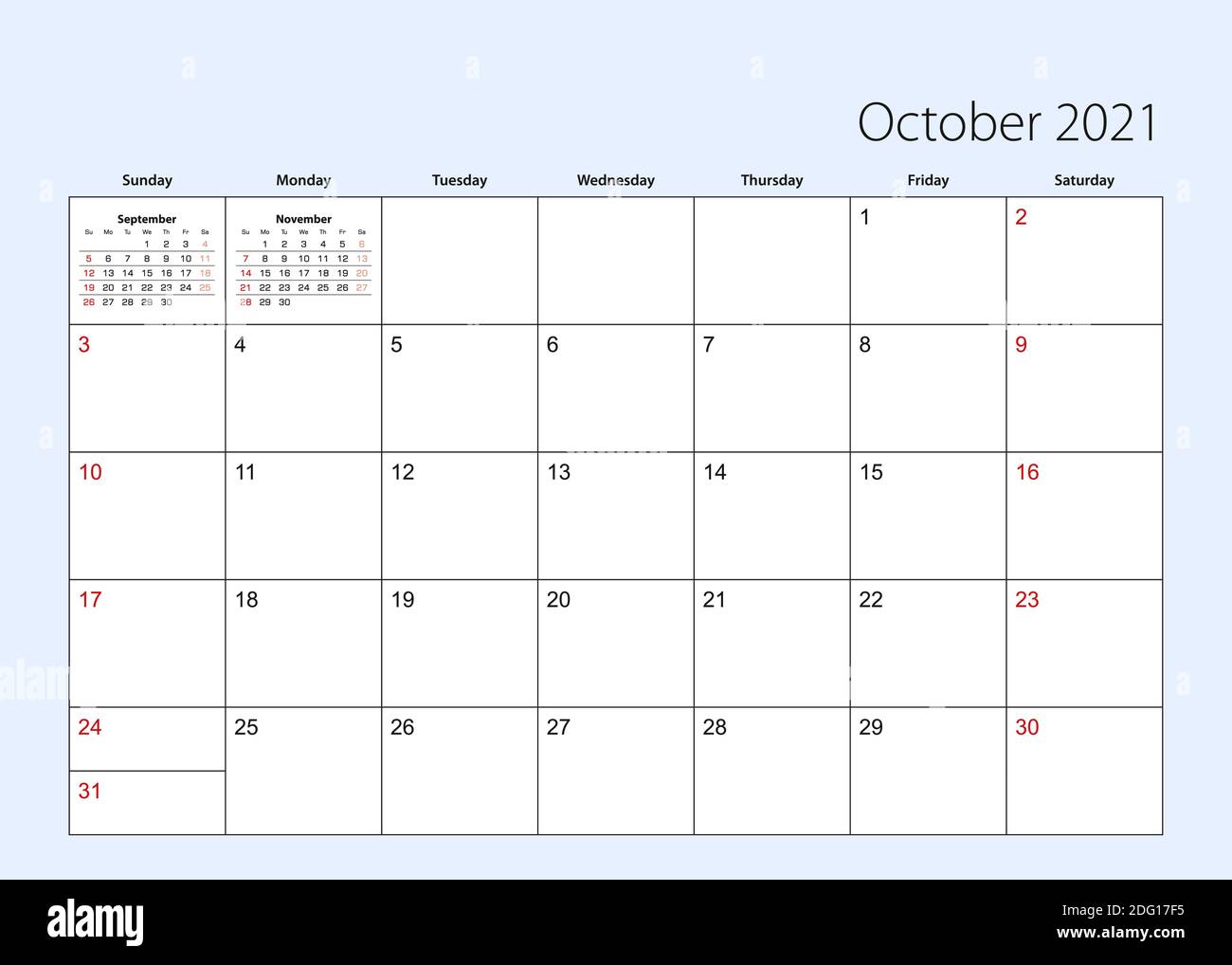 Wall calendar planner for October 2021. English language, week starts ...