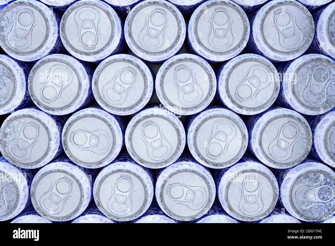 Group of frozen blue aluminum energy drink cans from above close up ...