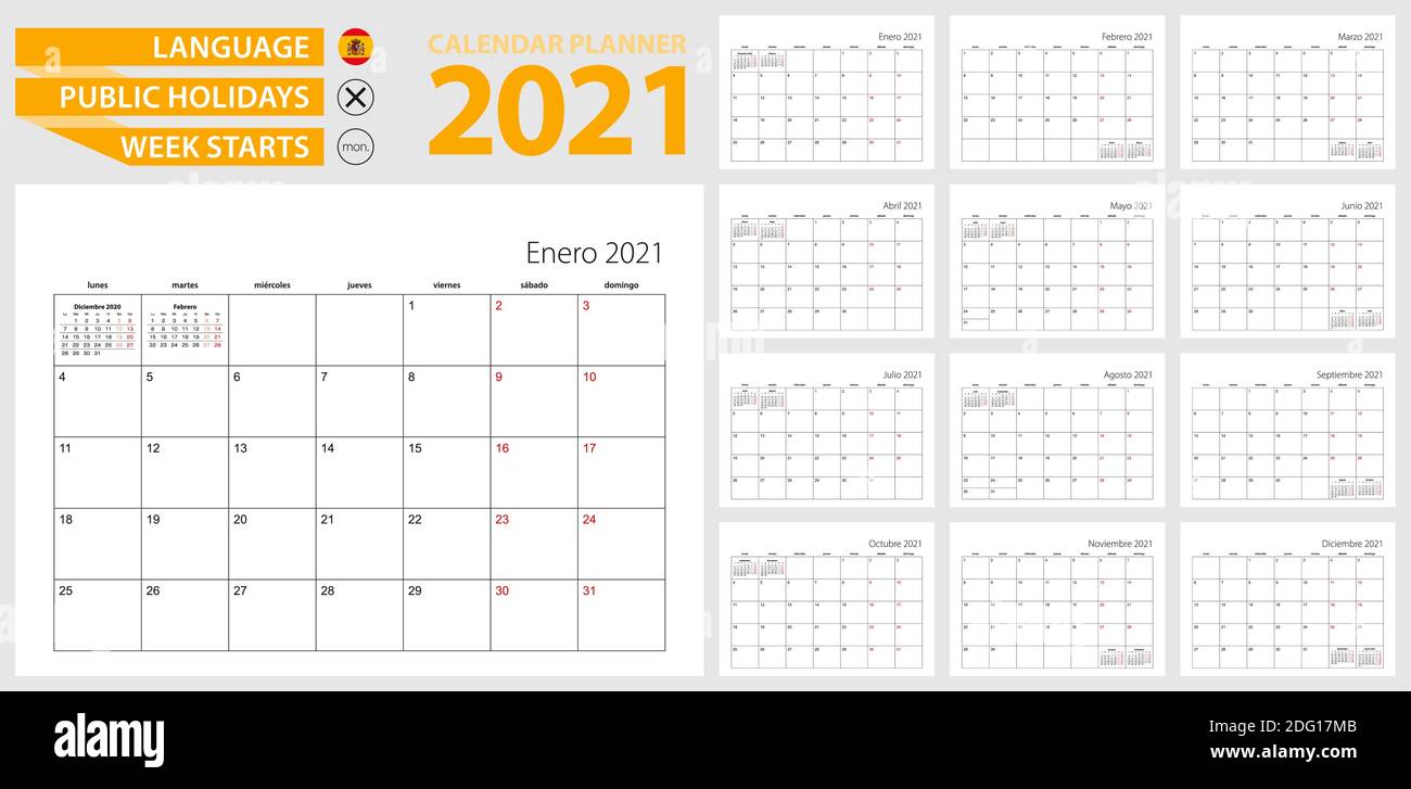 Spanish calendar planner for 2021. Spanish language, week starts from ...