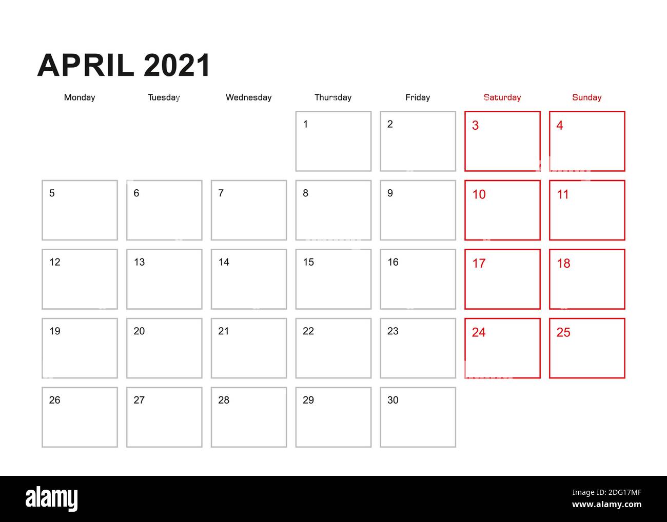 Wall planner for April 2021 in English language, week starts in Monday ...
