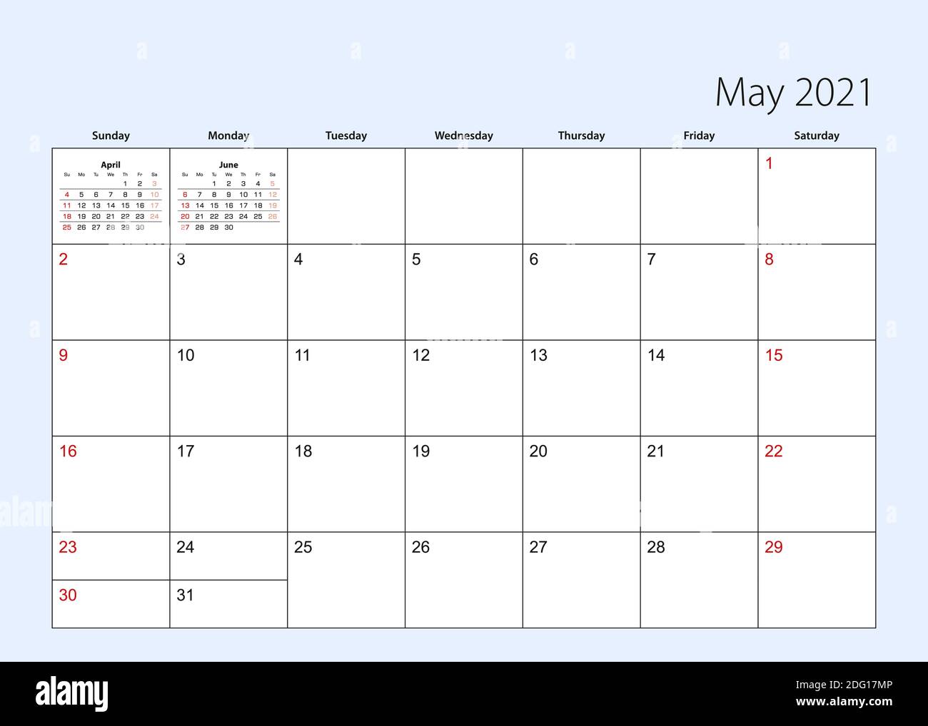 Wall calendar planner for May 2021. English language, week starts from ...